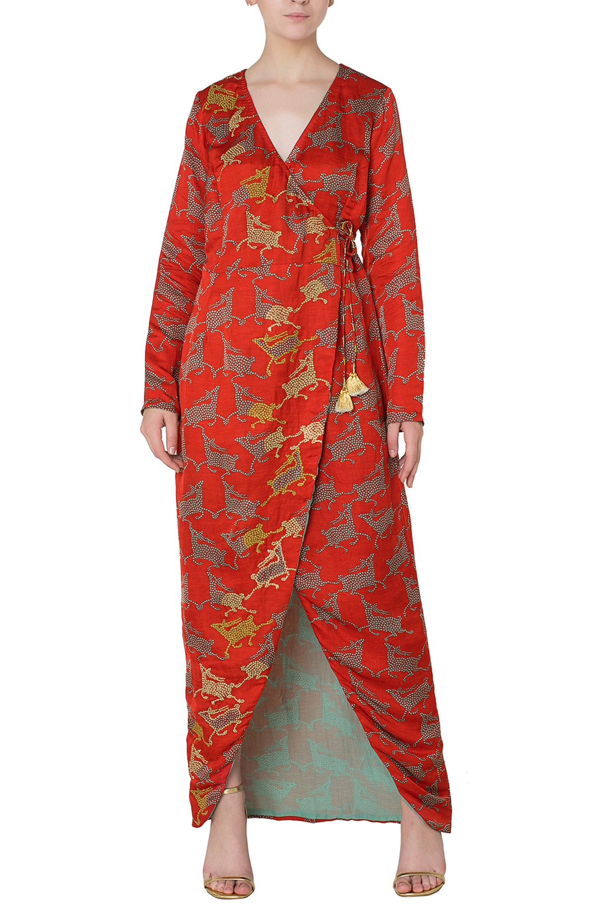 Red asymmetrical deer print wrap dress available only at Pernia's Pop ...