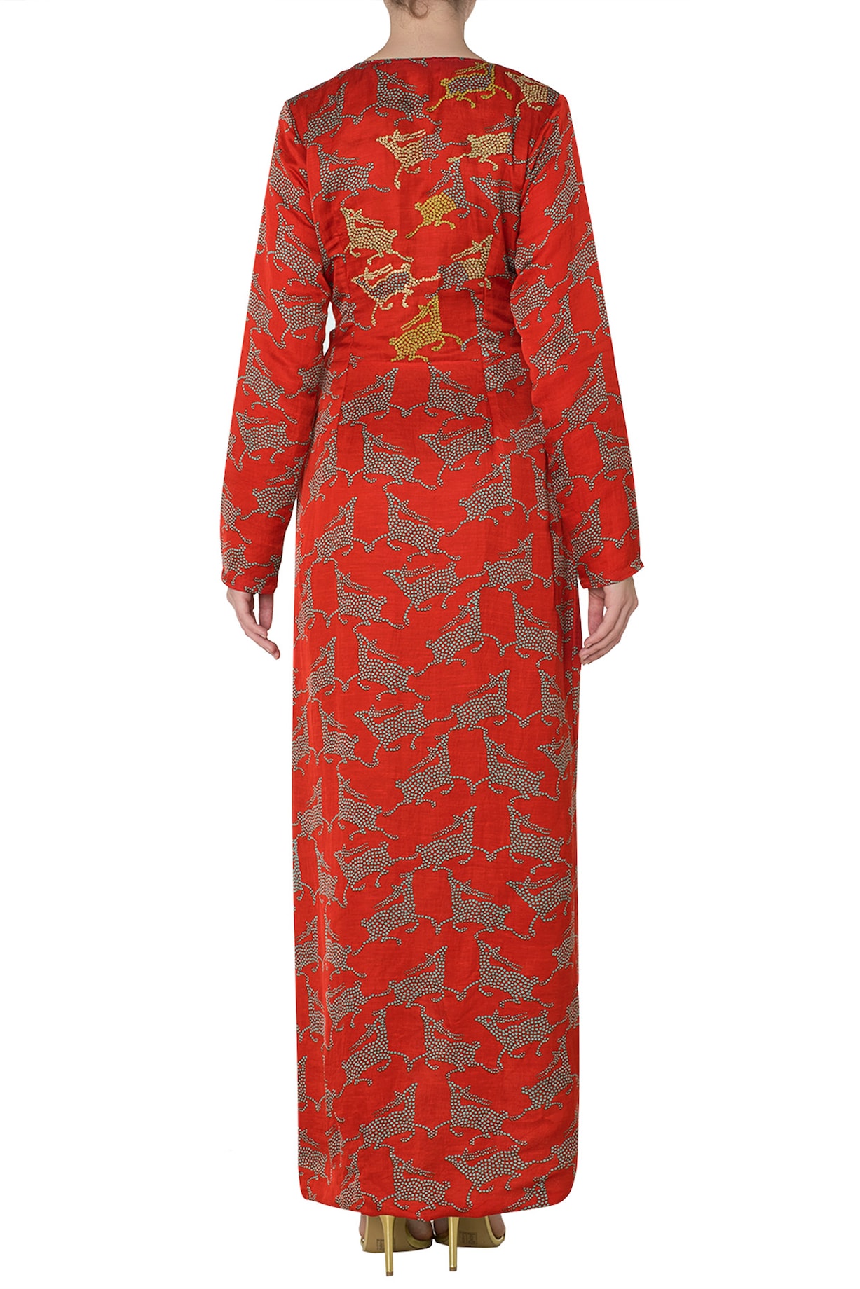 Red asymmetrical deer print wrap dress available only at Pernia's Pop ...