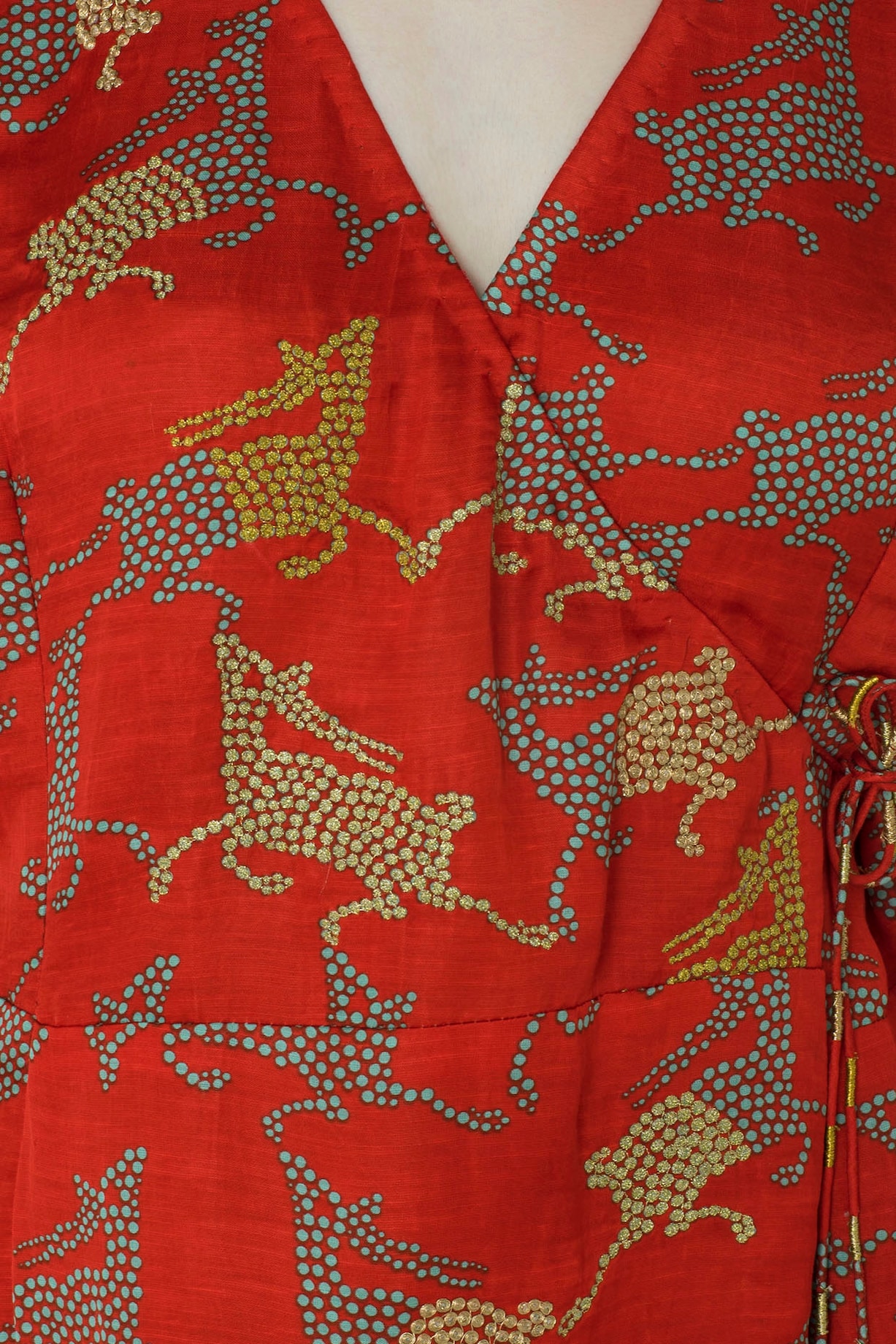 Red asymmetrical deer print wrap dress available only at Pernia's Pop ...