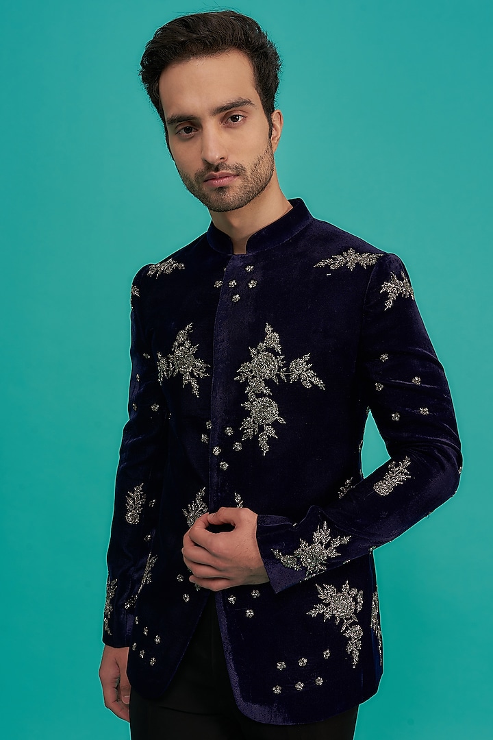 Midnight Blue Velvet Bandhgala Set by Sawan Gandhi Men at Pernia's Pop ...