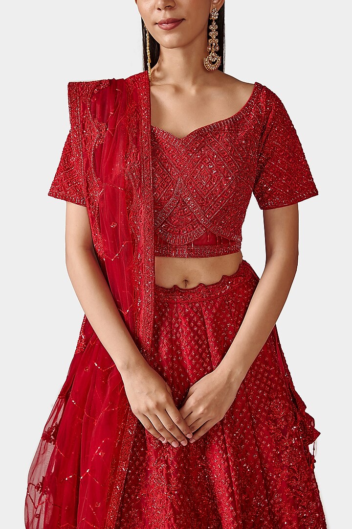 Scarlet Red Hand Embroidered Lehenga Set Design By Swati Narula At