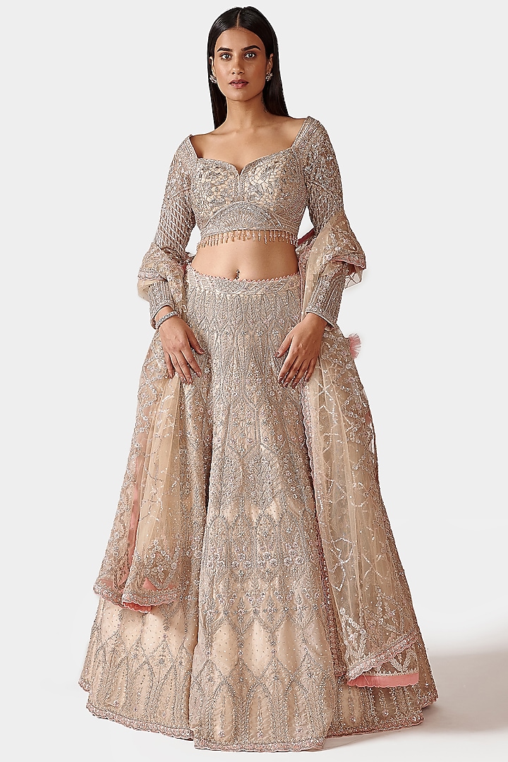 Icy Peach Hand Embroidered Bridal Lehenga Set By Swati Narula At Pernia