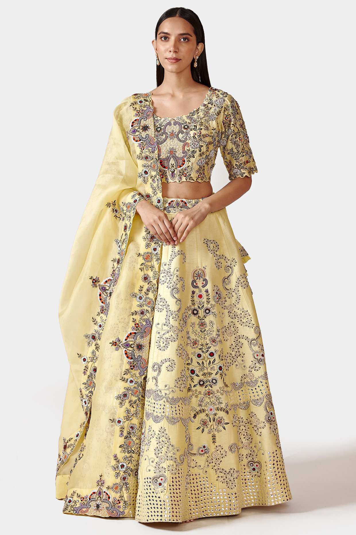 Lemon Yellow Hand Embroidered Lehenga Set Design By Swati Narula At
