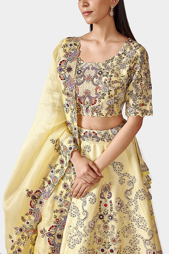 Lemon Yellow Hand Embroidered Lehenga Set Design By Swati Narula At