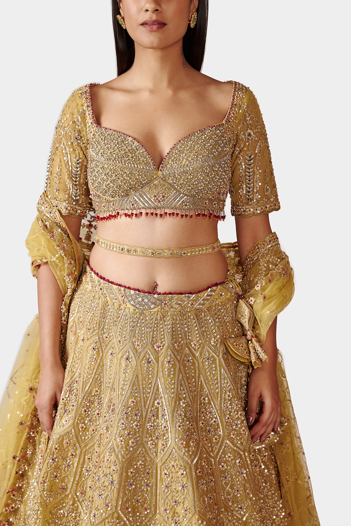 Yellow Green Hand Embroidered Bridal Lehenga Set By Swati Narula At