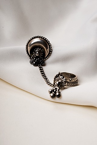 Oxidised Finish Dual Motif Statement Adjustable Ring In Sterling Silver ...