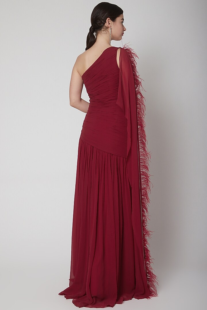 Maroon One Shoulder Pleated Gown by Swatee Singh at Pernia's Pop Up ...