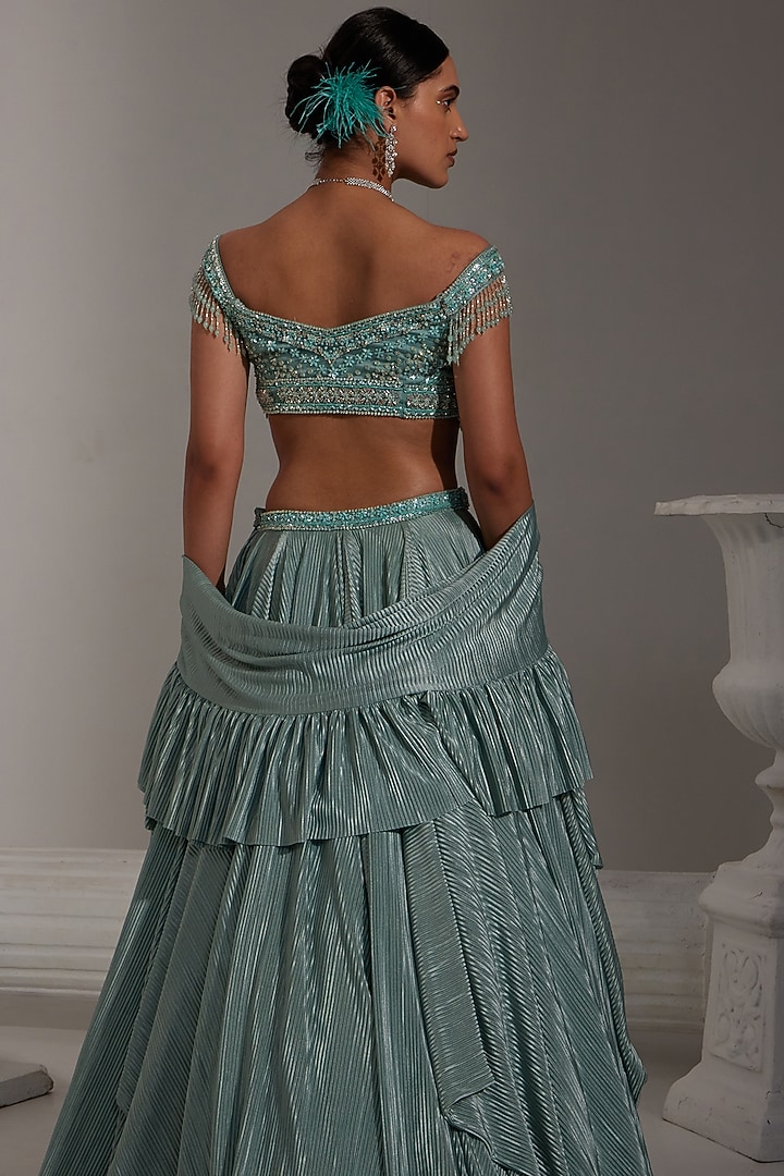 Ice Blue Net & Pleated Satin Lycra Sequins Embroidered Pleated Drape ...
