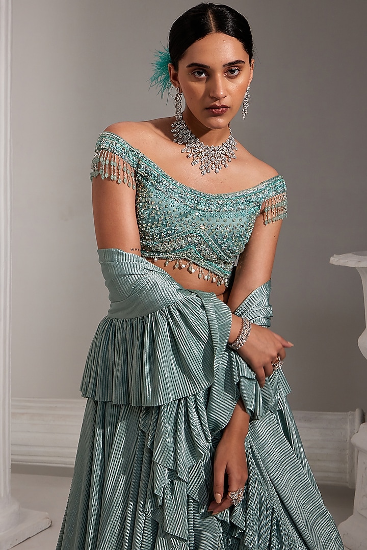 Ice Blue Net & Pleated Satin Lycra Sequins Embroidered Pleated Drape ...