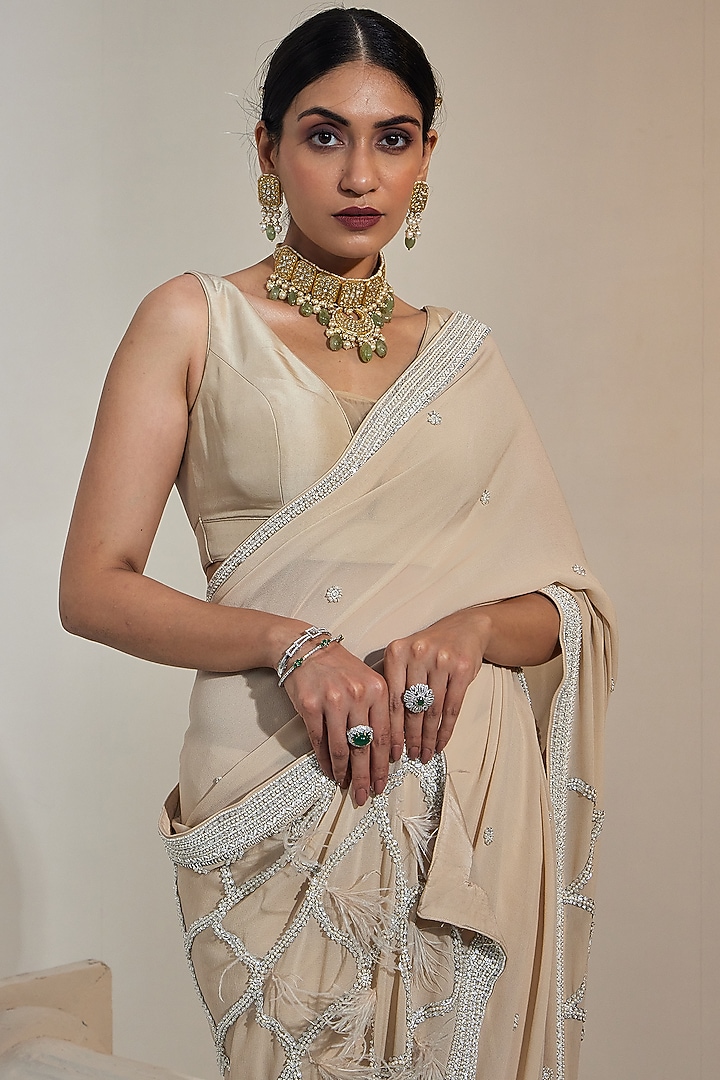 Eggshell Colored Georgette & Net Pearl Embroidered Saree Set by Swati ...