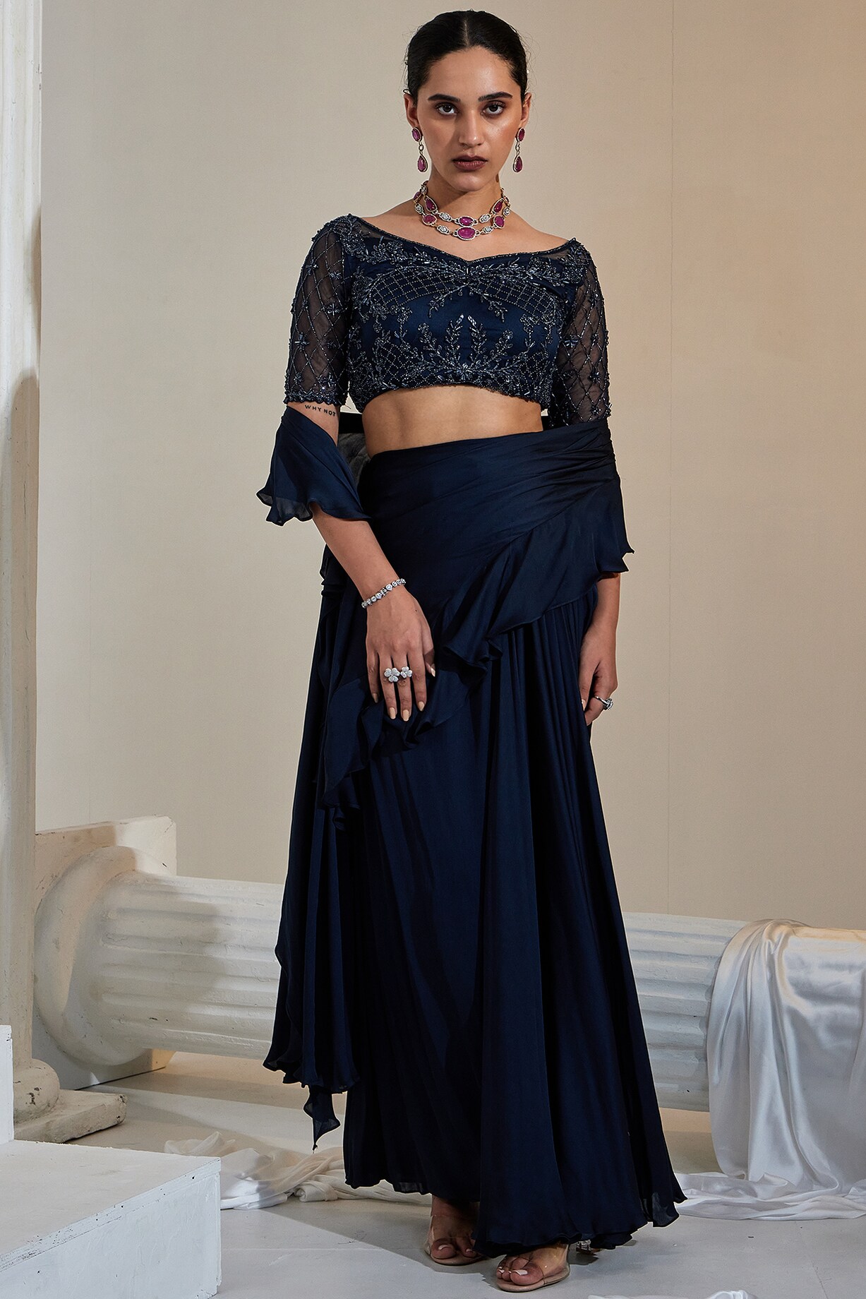 Midnight Blue Satin Georgette & Net Draped Saree Set by Swati Wadhwani ...