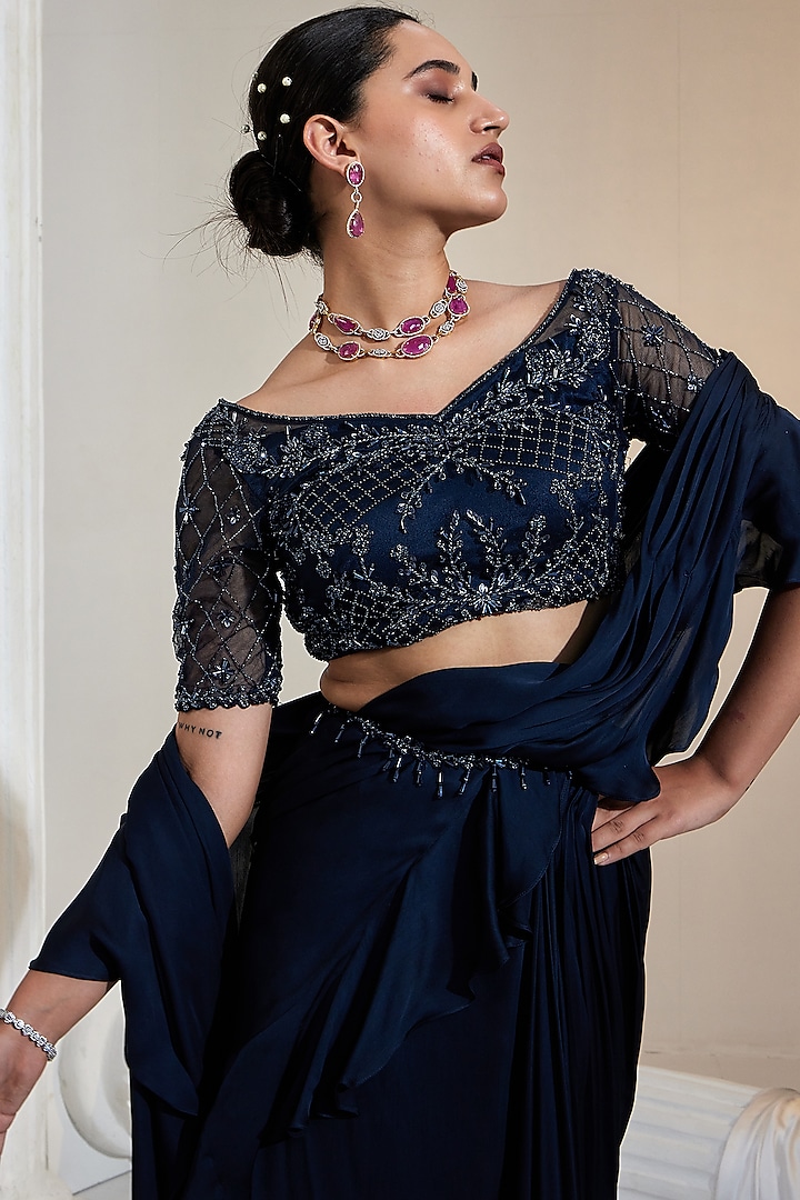 Midnight Blue Satin Georgette & Net Draped Saree Set by Swati Wadhwani ...