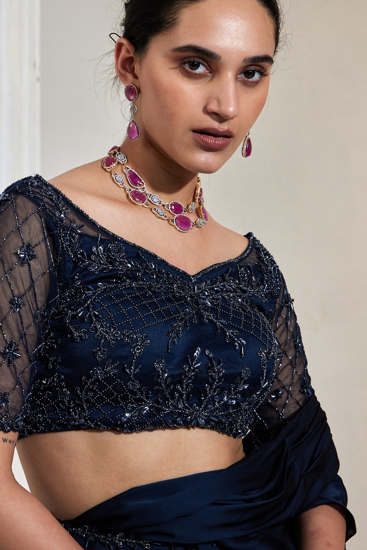 Midnight Blue Satin Georgette & Net Draped Saree Set by Swati Wadhwani ...