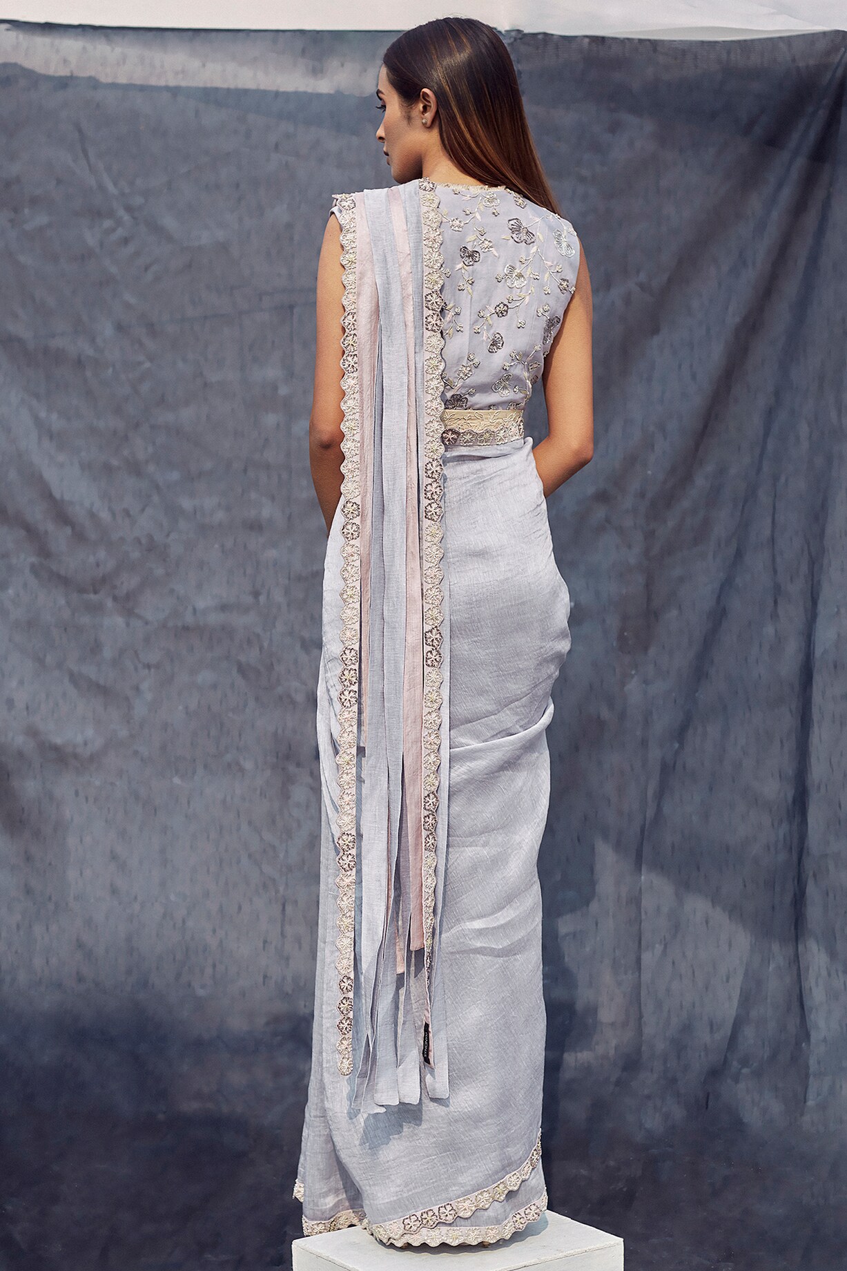 Grey Silk Linen & Silk Chanderi Embroidered Pre-Pleated Saree Set by ...