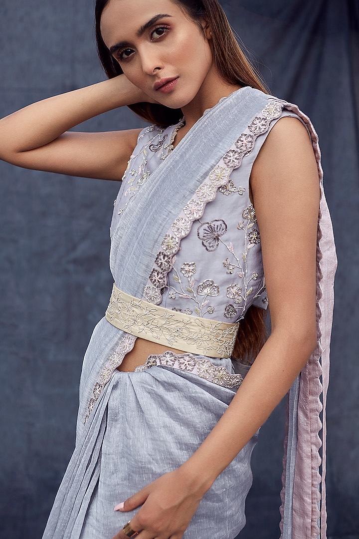 Grey Silk Linen & Silk Chanderi Embroidered Pre-Pleated Saree Set by ...