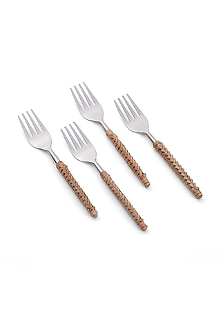 Silver Stainless steel & Rattan Fork (Set Of 4) by Table Manners at ...