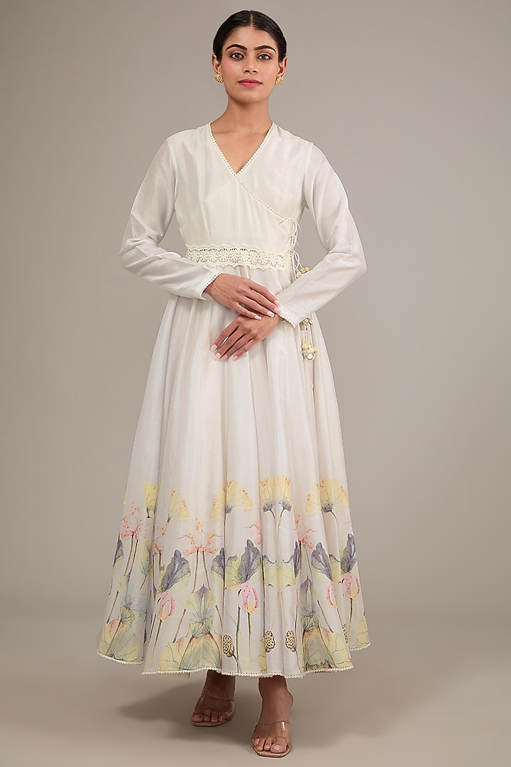 Ivory Chanderi Floral Printed Party Wear Anarkali Set by TABEER INDIA ...