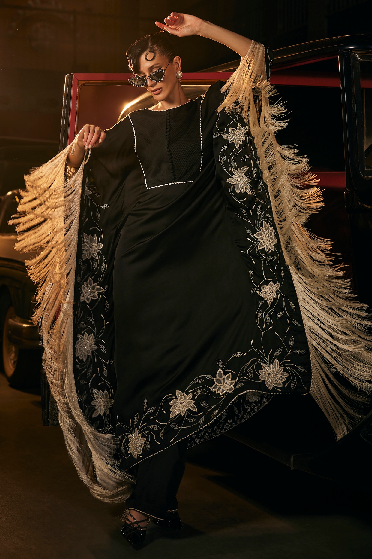 Black Crepe Machine & Hand Embroidered Kaftan by TABEER INDIA at Pernia ...