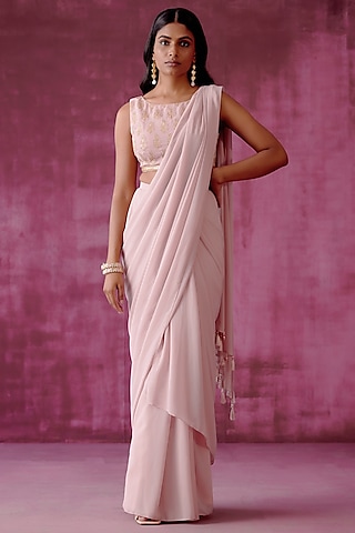 Vintage Pink Embroidered Pre-Stitched Saree Set by Pouli Pret at Pernia ...
