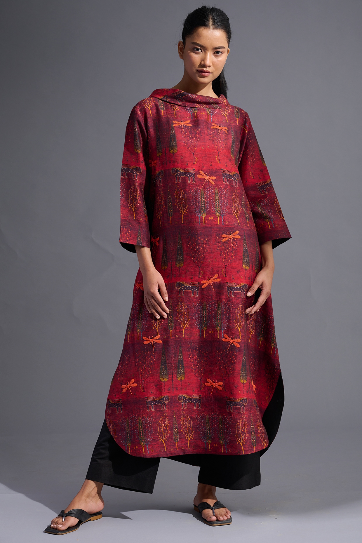 Red Silk Printed & Embroidered Tunic Set by TAIKA by Poonam Bhagat at ...