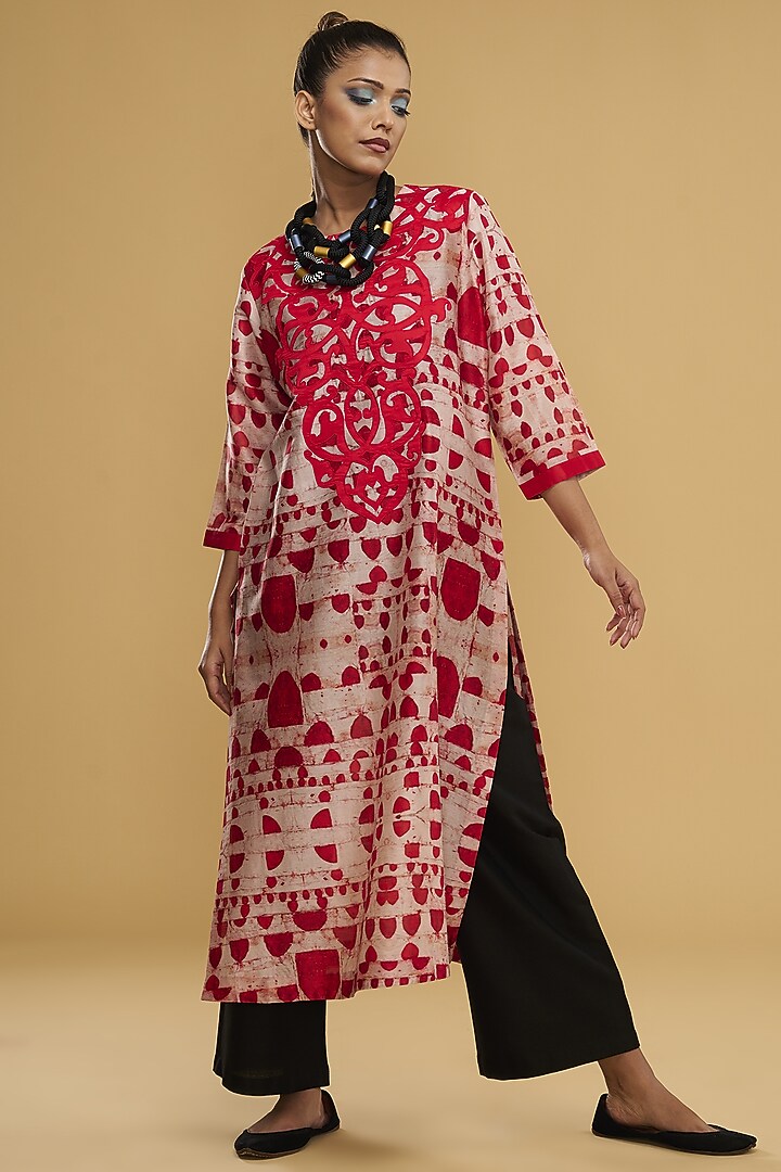 Red & Cream Blended Silk Printed & Embroidered Tunic Set by TAIKA by ...