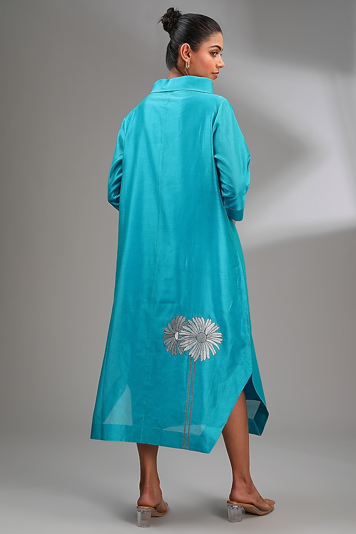 Aqua Blue Chanderi Embroidered Midi A-Line Dress Design by Taika By ...