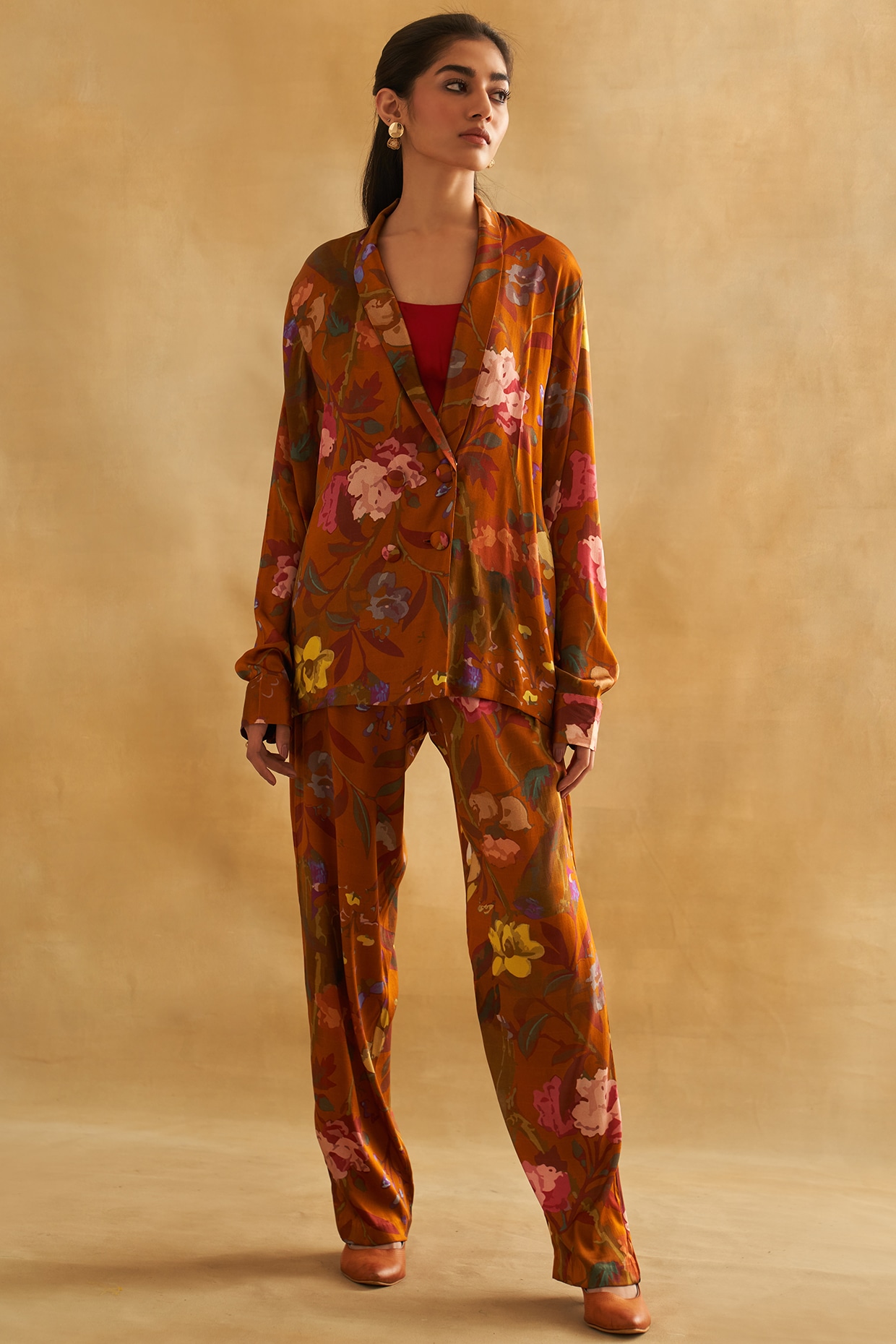 Brown Pure Habutai Silk Printed Jacket Set by Taisha at Pernia's Pop Up ...