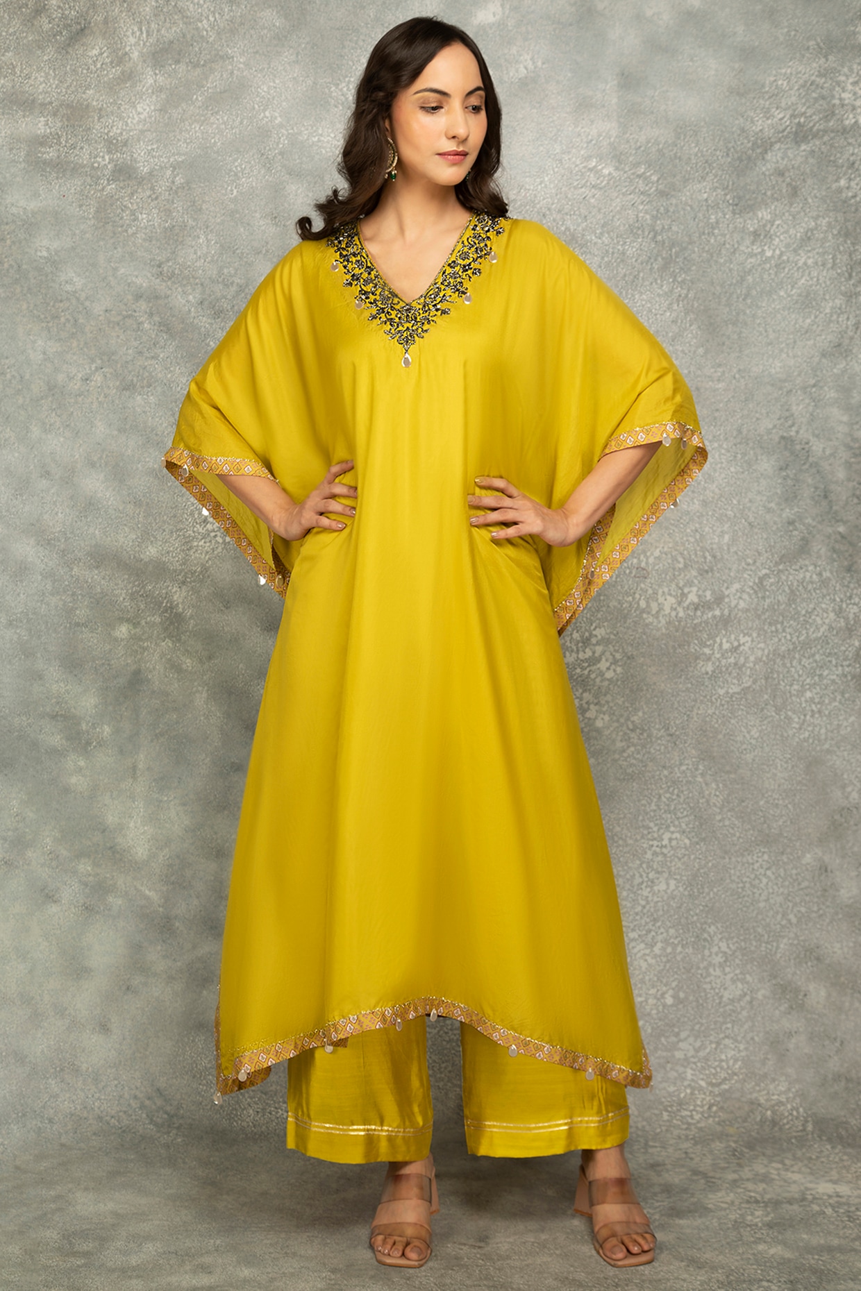 Mustard Green Silk Hand Embroidered Kaftan Set by Tanu Malhotra at ...
