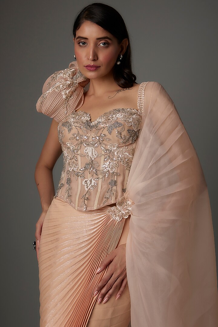 Peach Organza & Metallic Thread Embroidered Draped Saree Set by Tanieya ...
