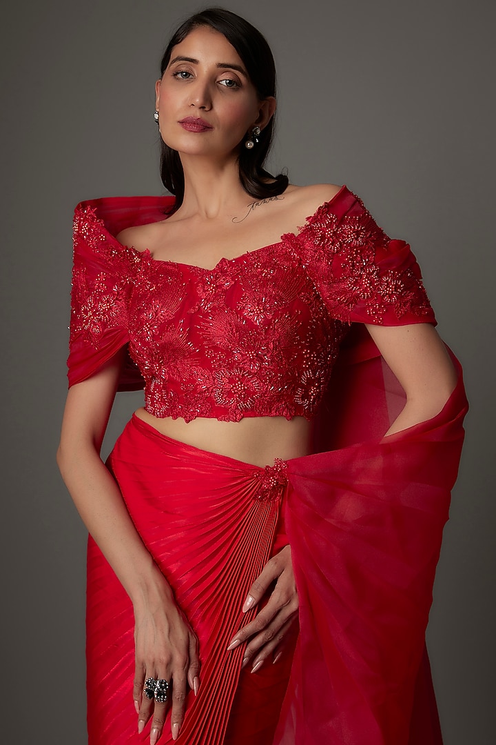 Red Organza & Metallic Thread Embroidered Draped Saree Set Design by ...