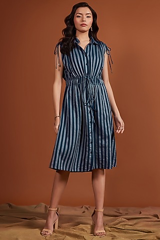 Navy Blue Tencel Striped Drawstring Midi Dress by Tara and I at Pernia ...