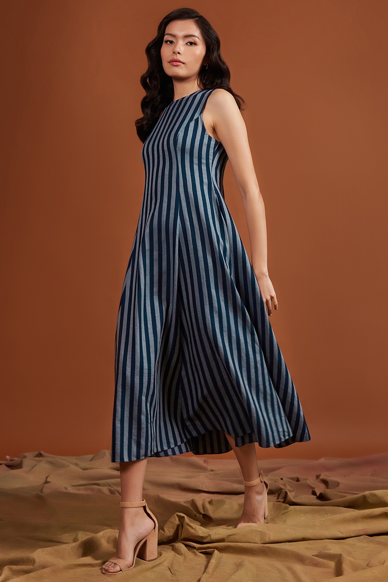 Navy Blue Tencel Striped Sleeveless Midi Dress by Tara and I at Pernia ...
