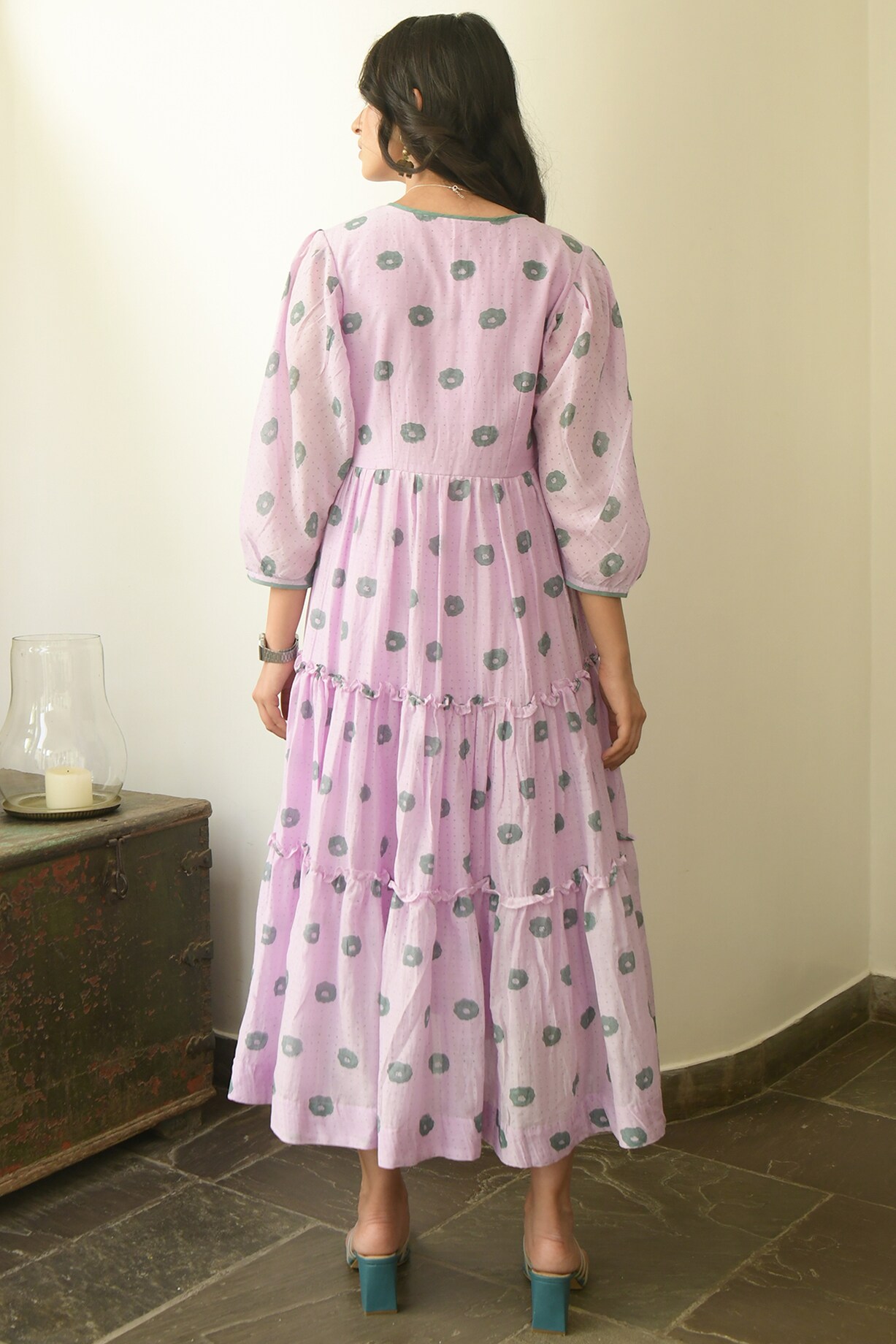 Lavender Block Printed Tiered Dress by TARO at Pernia's Pop Up Shop 2025