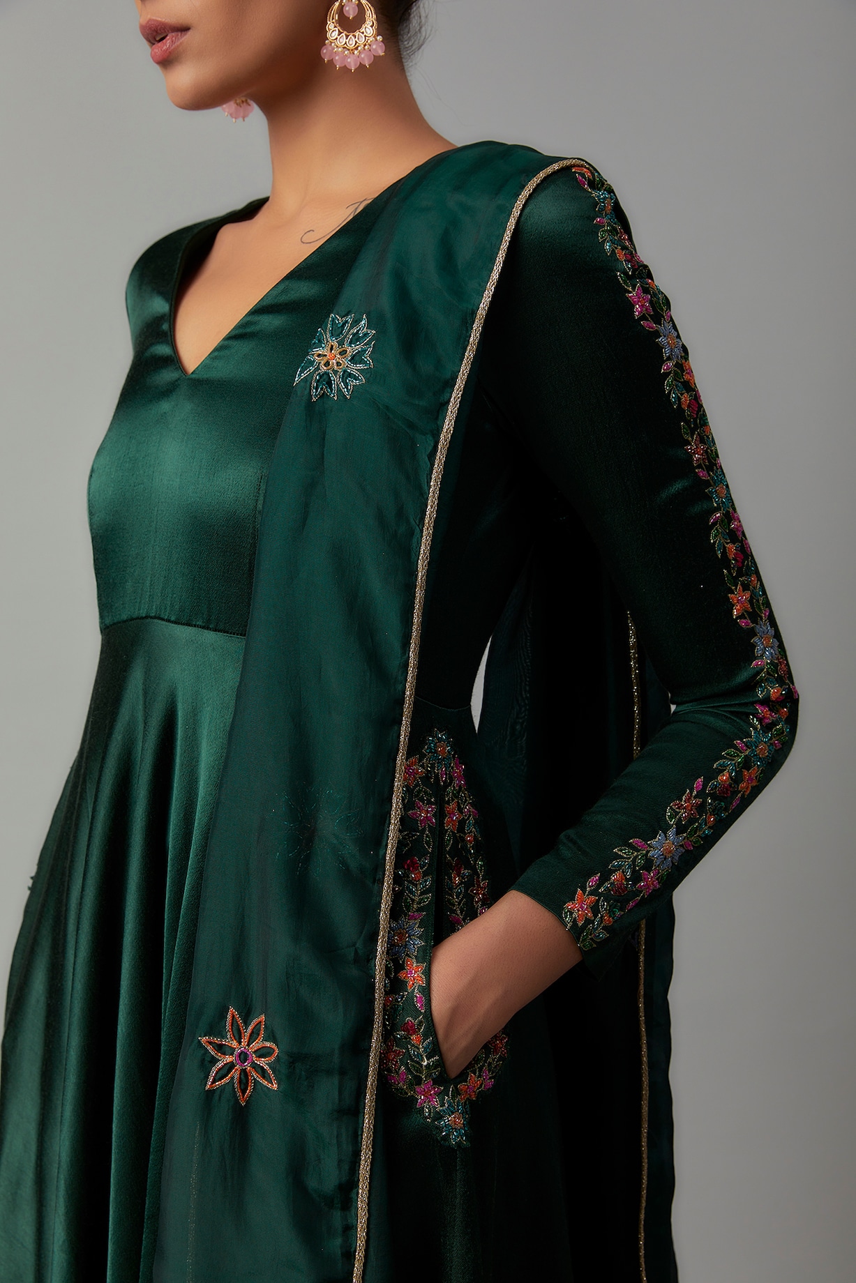Emerald Green Mashru Silk Embroidered Anarkali Set by The Aarya at ...