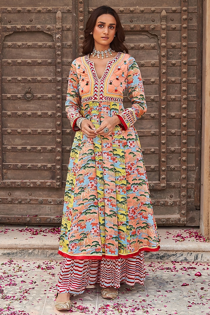 Pink Modal Satin Hand Block Printed Anarkali Set Design by Tasha India ...