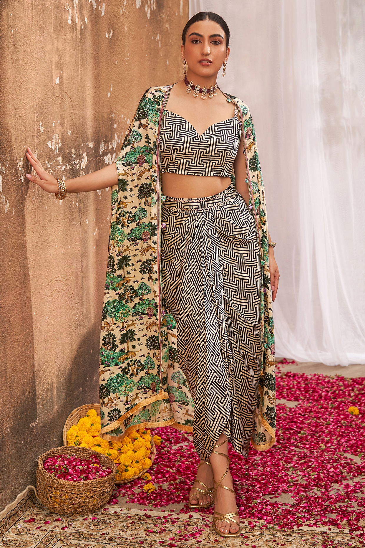 Beige Modal Satin Printed & Embroidered Cape Set by Tasha India at ...