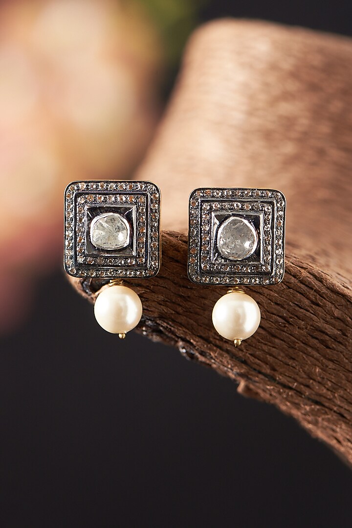 Two Tone Finish Diamond & Pearls Stud Earrings In Sterling Silver ...