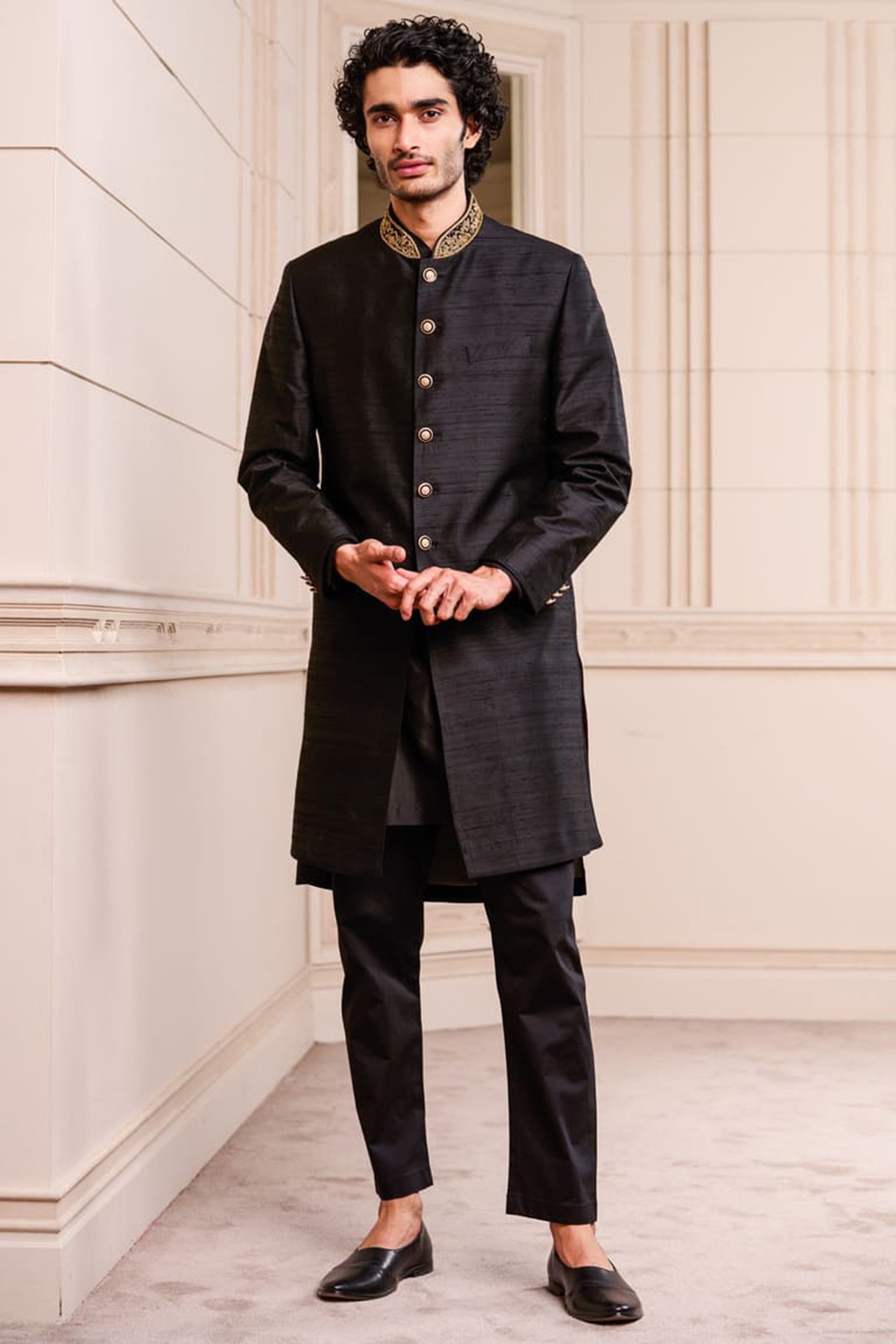 Black Raw Silk Achkan Jacket Set by TASVA at Pernia's Pop Up Shop 2025