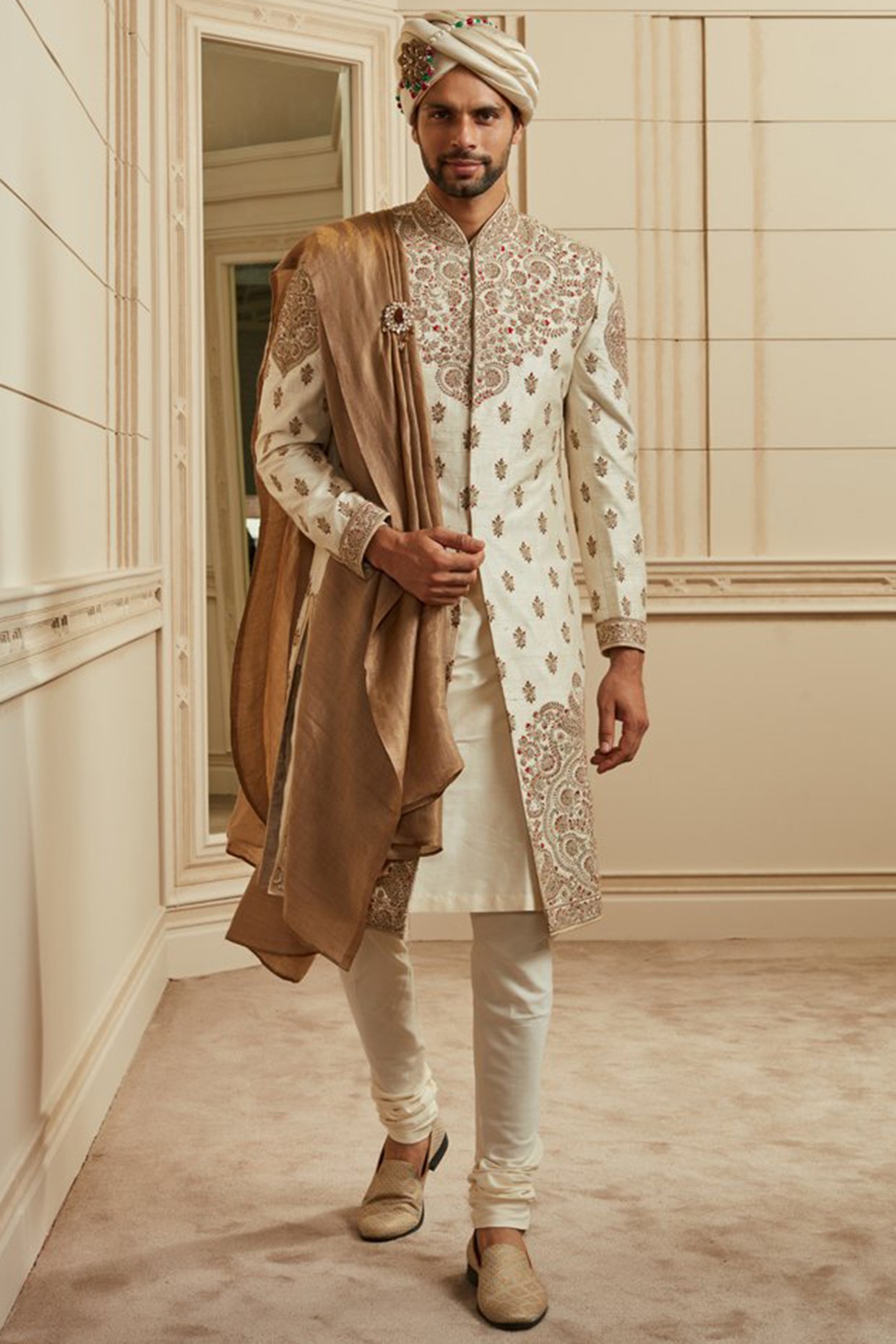 Ivory Silk Embroidered Wedding Sherwani Set by TASVA at Pernia's Pop Up ...