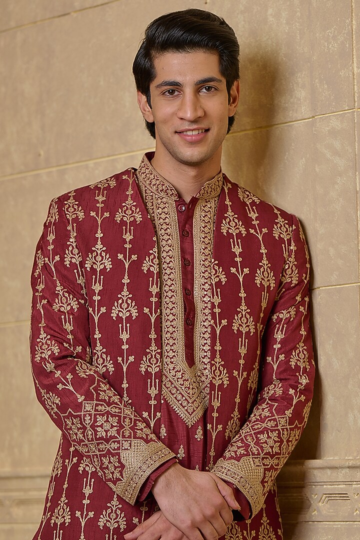 Rust Viscose Polyester Embellished Front-Open Sherwani Set by TASVA at ...