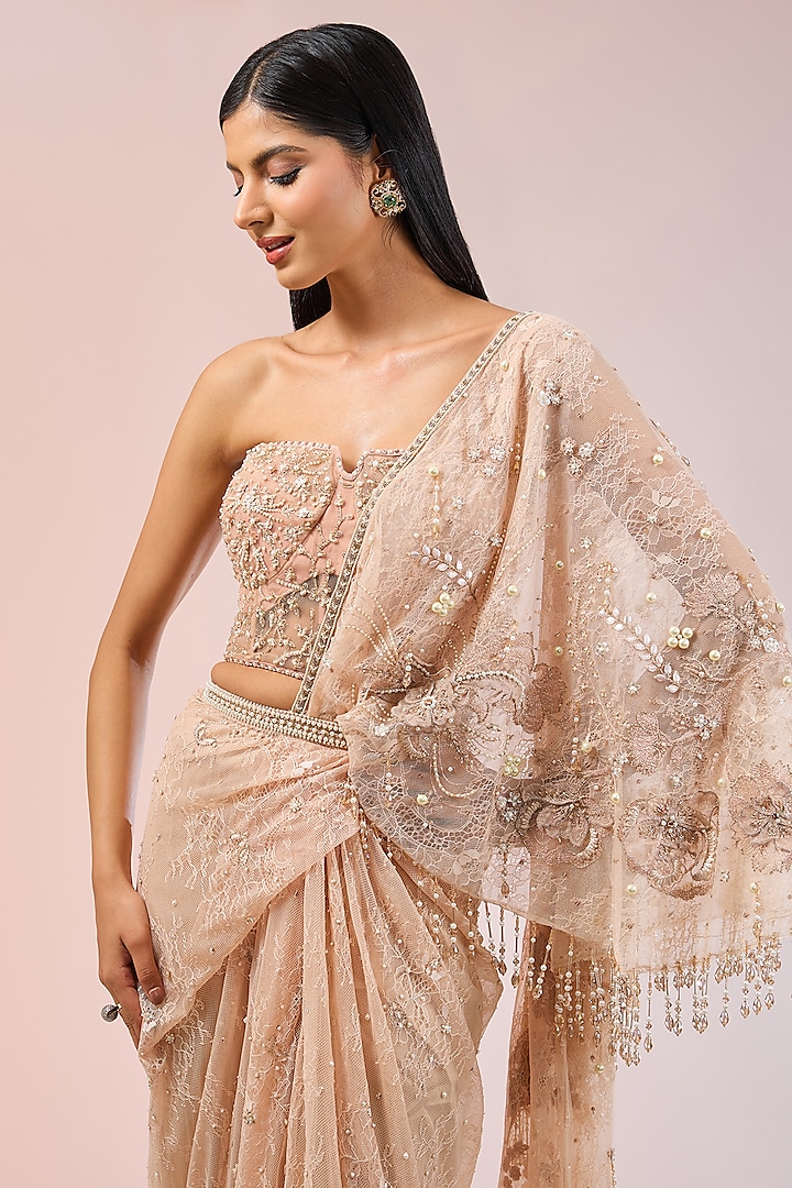 English Rose Tulle & Chantilly Lace Pre-Draped Bridal Saree Set by ...