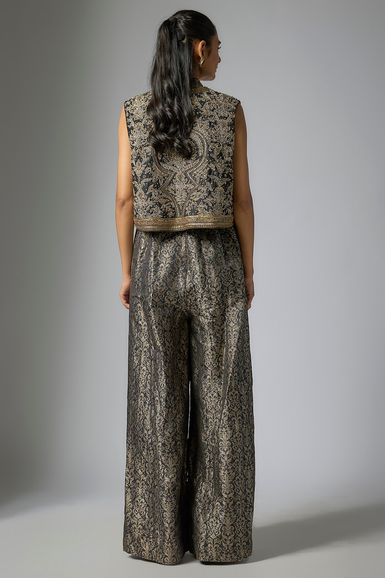 Black & Gold Brocade Embellished Jumpsuit With Gilet by Tarun Tahiliani ...