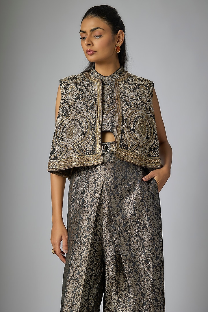 Black & Gold Brocade Embellished Jumpsuit With Gilet by Tarun Tahiliani ...