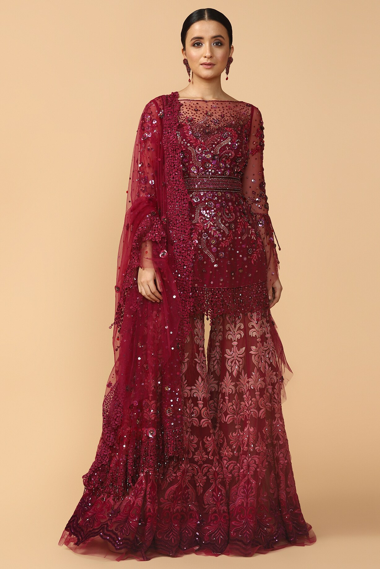 Wine Embroidered Kalidar Sharara Set by Tarun Tahiliani at Pernia's Pop ...