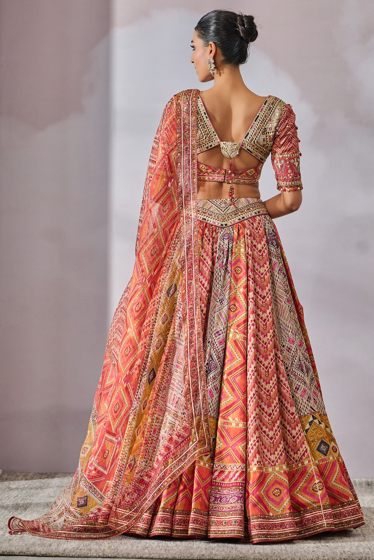 Multi-Colored Kasab Satin Phulkari Printed Bridal Lehenga Set by Tarun ...