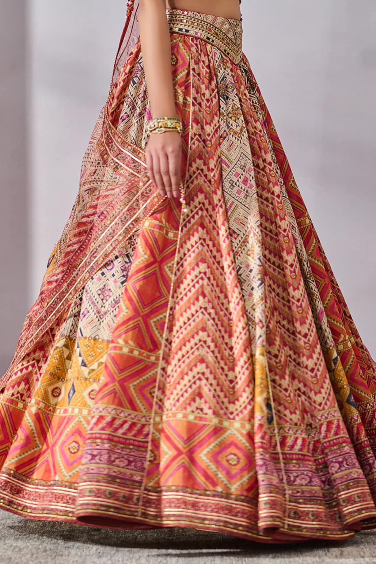 Multi-Colored Kasab Satin Phulkari Printed Bridal Lehenga Set by Tarun ...
