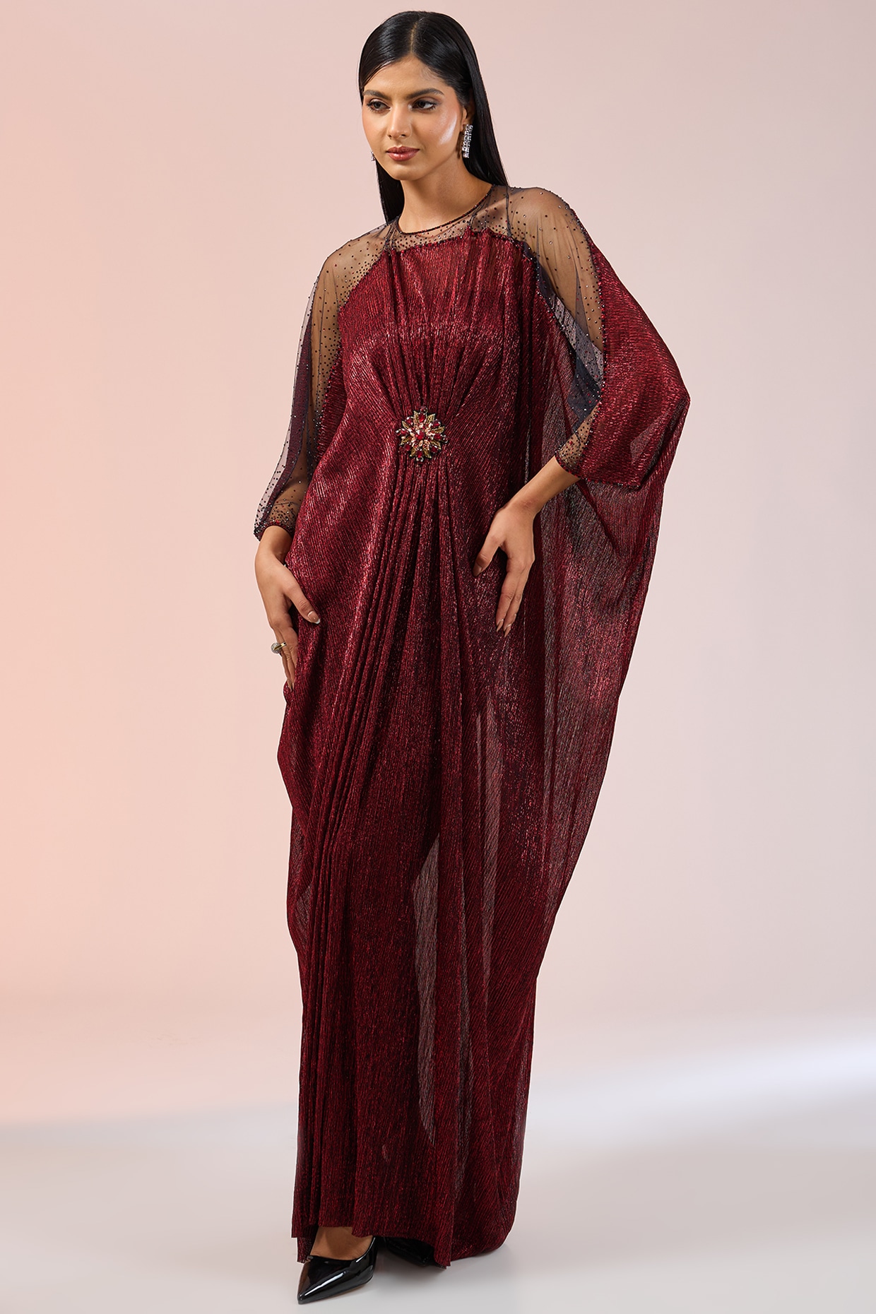 Wine Crinkle Kaftan Dress by Tarun Tahiliani at Pernia's Pop Up Shop 2024