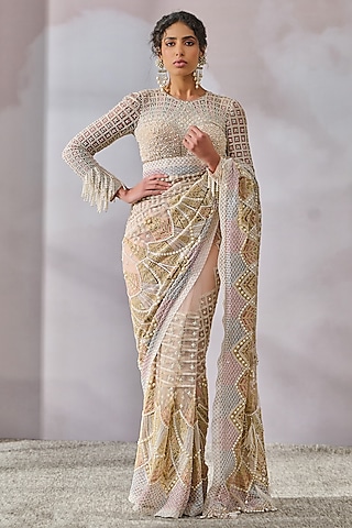 Ivory Tulle Pearl Embroidered Saree Set by Tarun Tahiliani at Pernia's ...