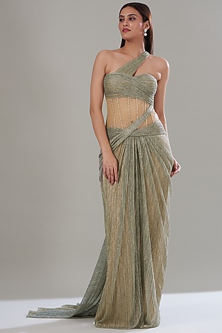 Palladium Blue Metallic Crinkle Tulle Draped Dress by Tarun Tahiliani ...