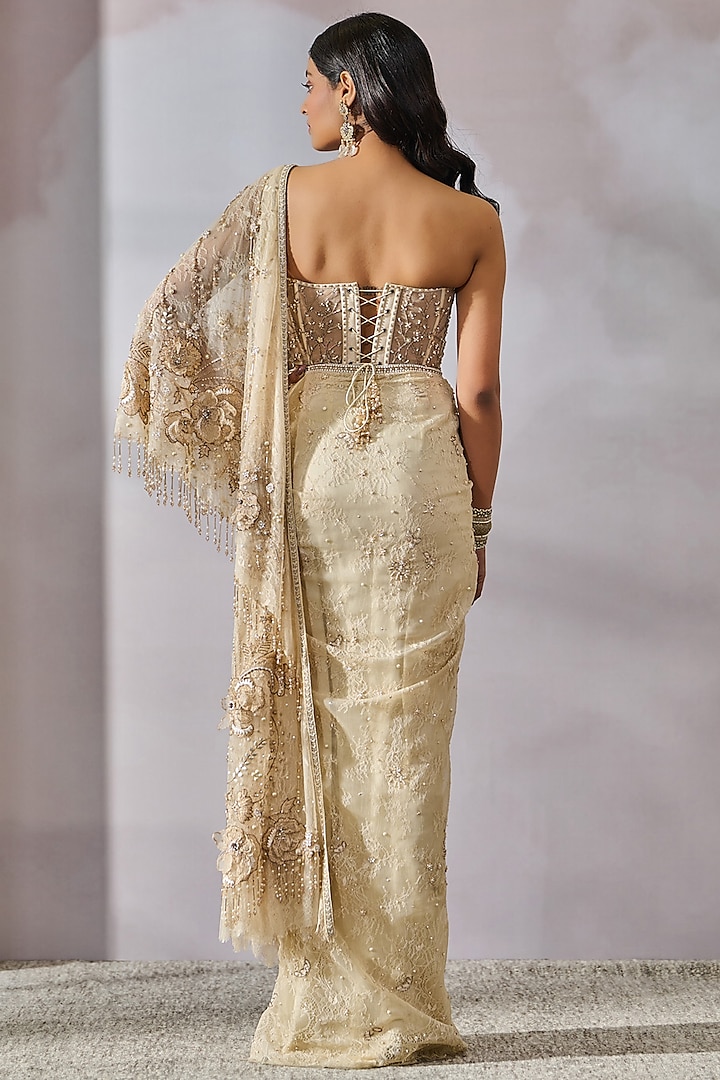 Ivory-Gold Chantilly Lace Embroidered Pre-Draped Saree Set by Tarun ...
